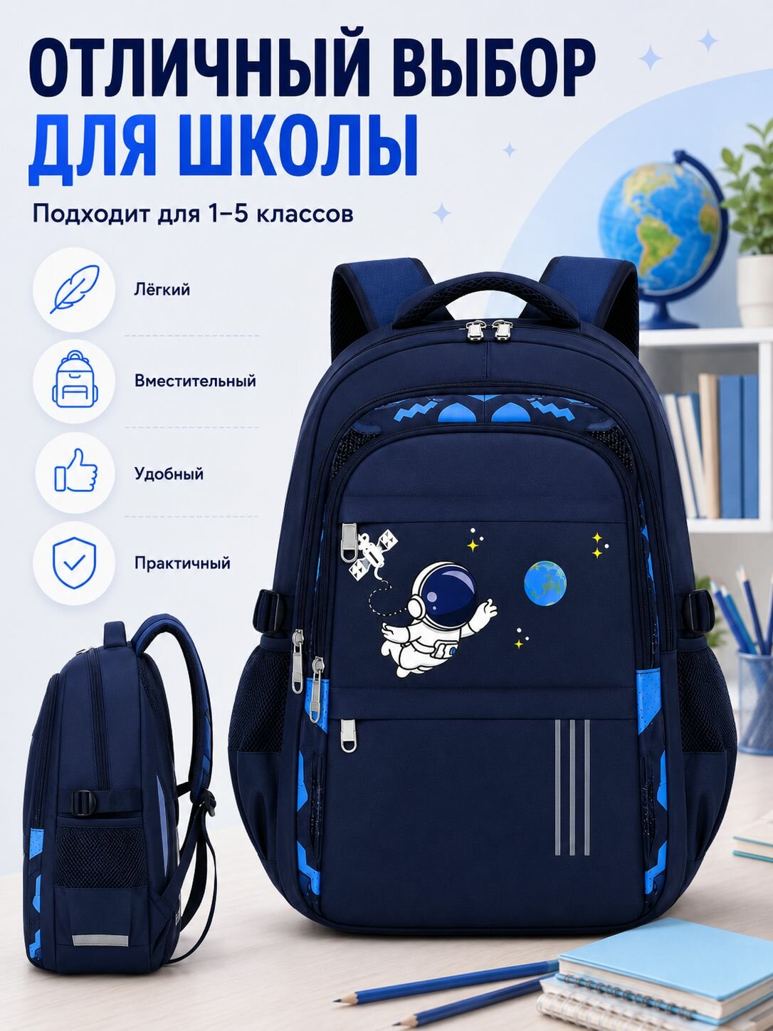 Рюкзак, школьный ранец для младших классов, водоотталкивающая ткань, синий — фото 1
