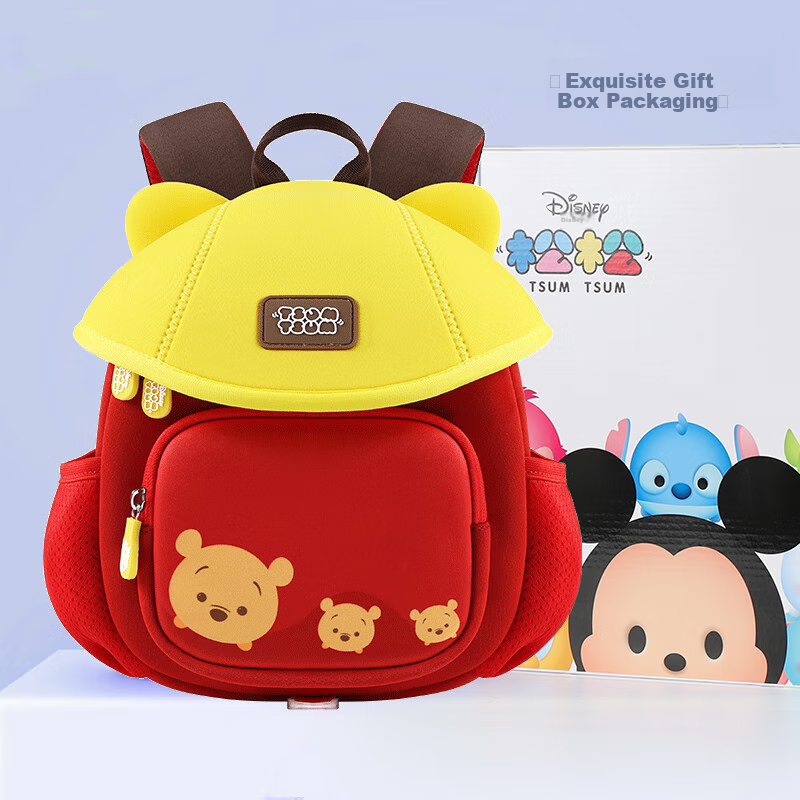 Disney Kindergarten Backpack for Boys and Girls, Cute Dual-shoulder Bag for Outdoor Activities, Small Anti-lost Backpack for Preschool, Red and Yellow - Gift Box Style