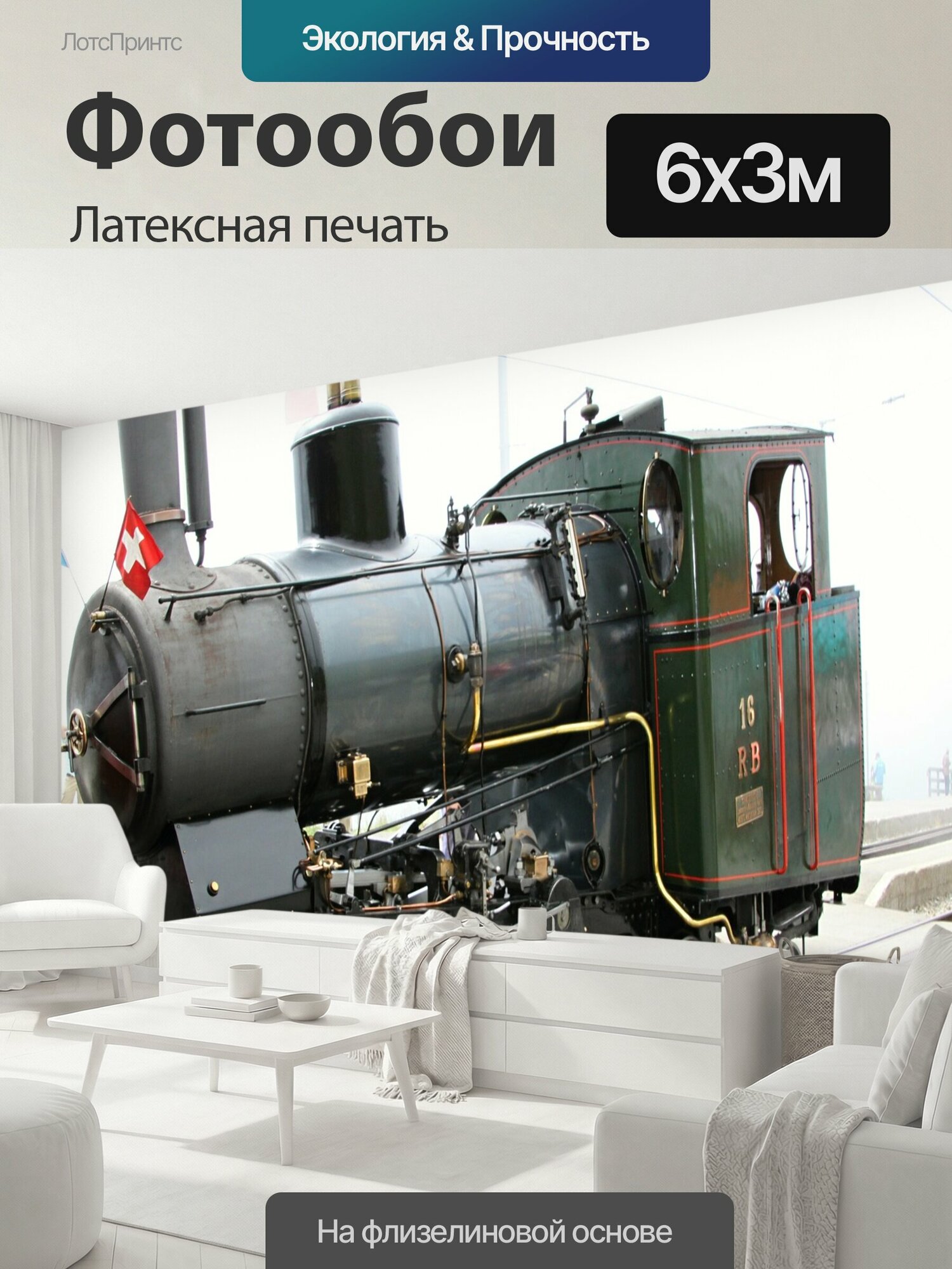 Фотообои моющиеся ударопрочные "Паровоз, железная дорога, украл" 600x300 см. латексная печать