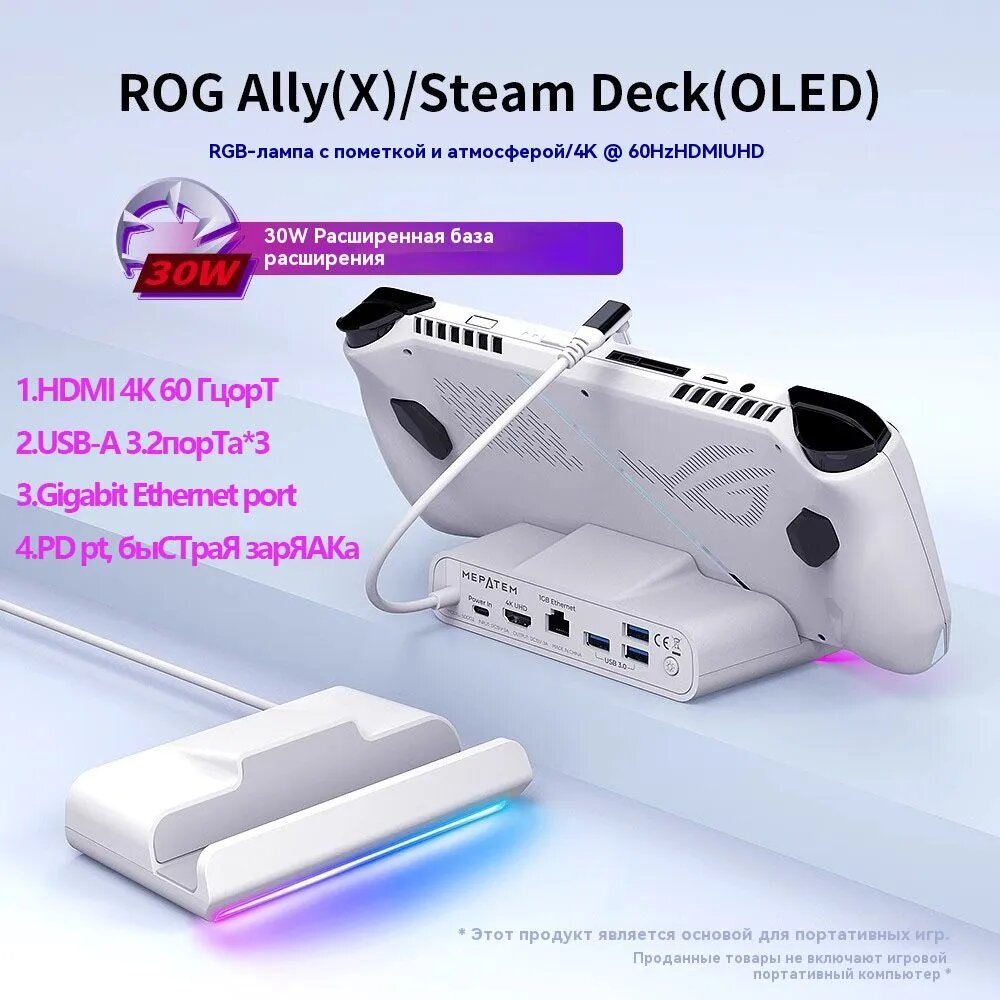 Док-станция для ROGAlly/Valve Steam Deck, Asus 6 в 1, usb-HUB переходник, USB 3.0 X three 4K@60HZ HDMI UHD, PD100w зарядка и Ethernet адаптер сетевой/ RJ-45 переходник