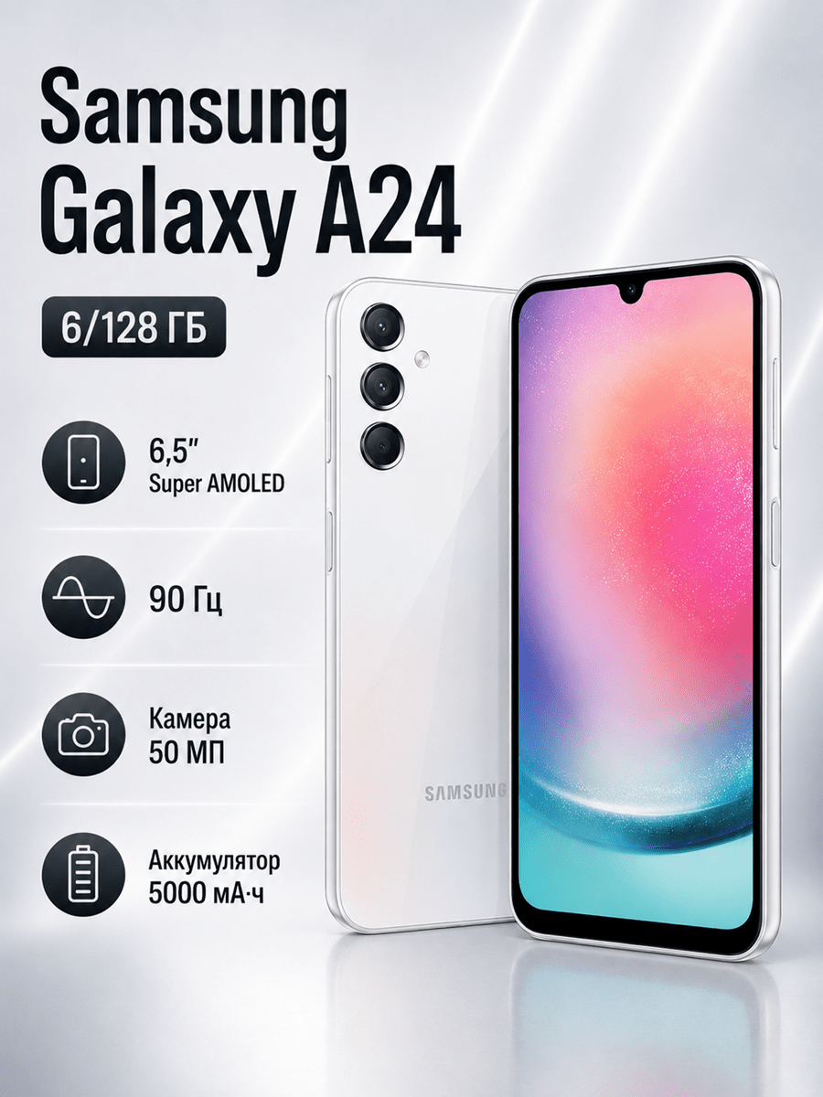 Смартфон Samsung Galaxy A24, 6/128 ГБ, NFC, Super AMOLED, белый (A24-A246N)