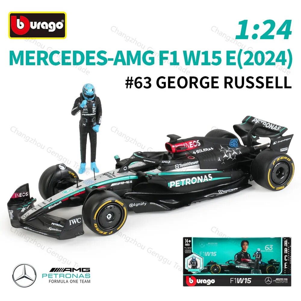 Bburago 1:24 Mercedes AMG 2024 W15 E Performance Формульный болид Формулы-1, Литые под давлением автомобили и пластиковая фигура гонщика в чемпионской позе, коллекционная модель гоночных игрушек