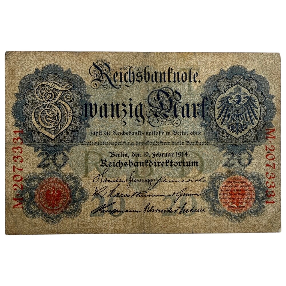 Германская империя (Германия) 20 марок 1914 г. (Reichsbanknote) (Литера T)(Серия M)(7-значный номер)