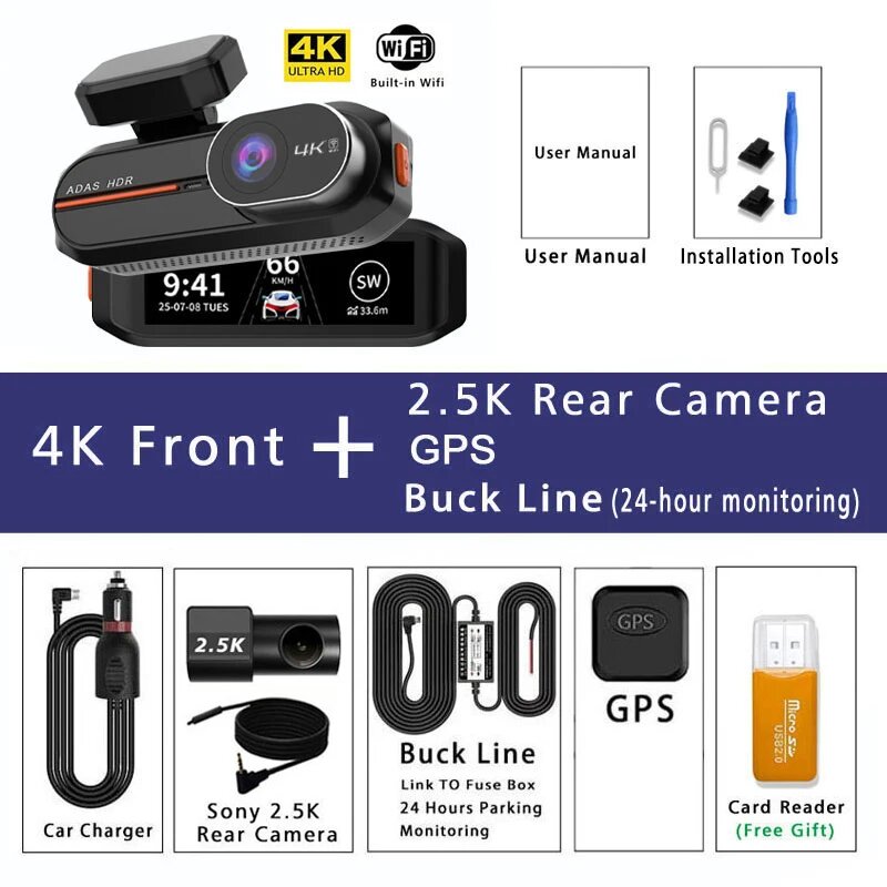 Видеорегистратор UHD 4K 2160P+2.5K с двумя объективами, ADAS, Wi-Fi, GPS, миниатюрный автомобильный видеорегистратор, камера заднего вида 2.5K, видеорегистратор-видеорегистратор, черный ящик