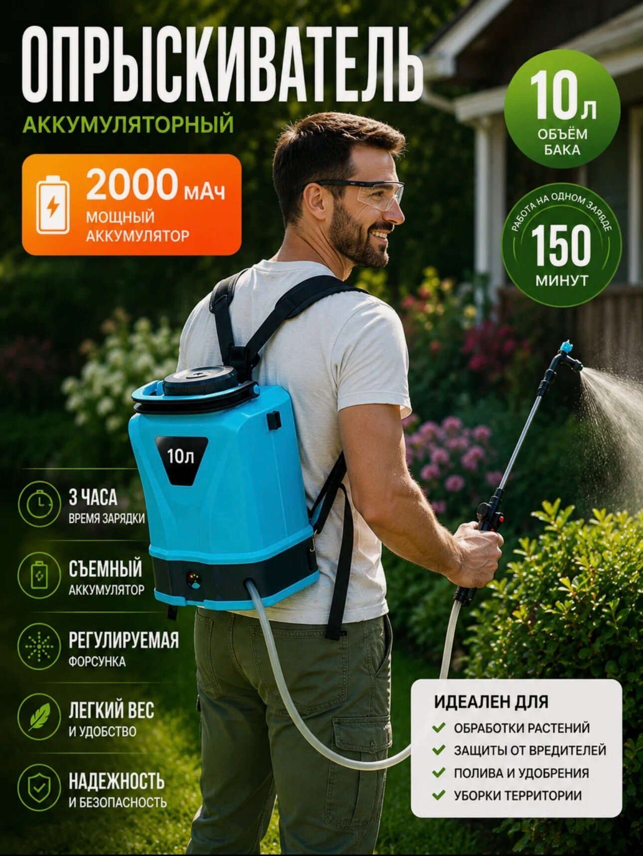 Опрыскиватель садовый аккумуляторный ранцевый 10л