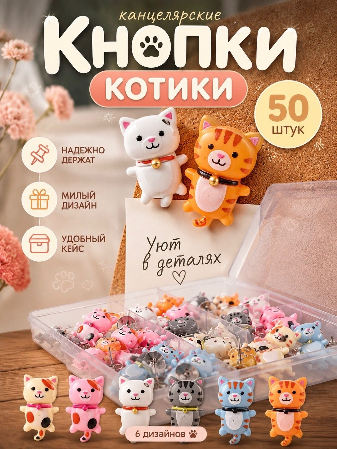 Набор канцелярских кнопок "Котики", 50 шт