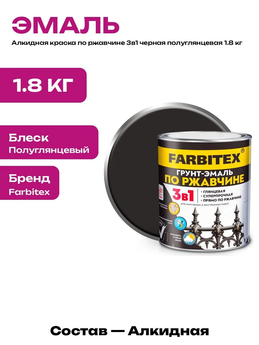 Эмаль по ржавчине 3в1 черная алкидная для стройки и дома 1.8