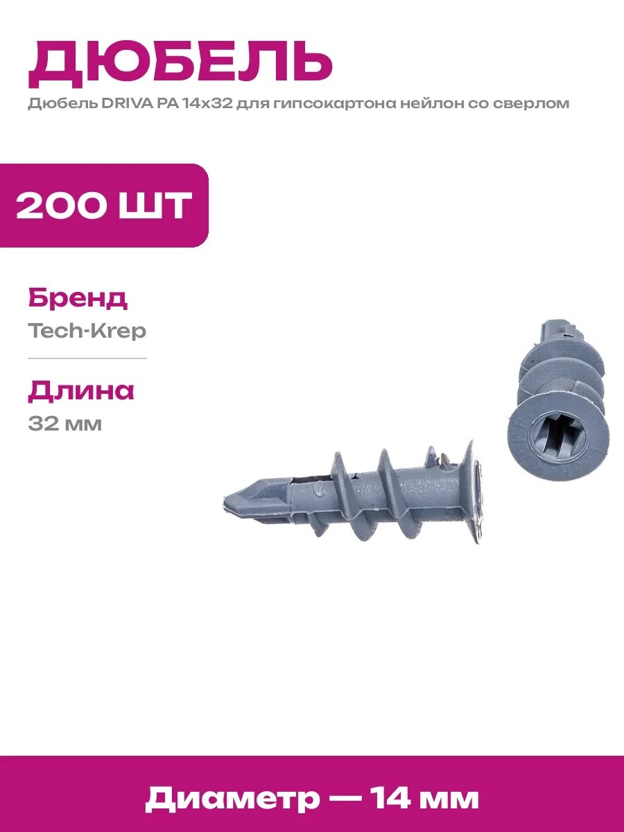Дюбель нейлоновый со сверлом для гипсокартона в ведре 200 шт