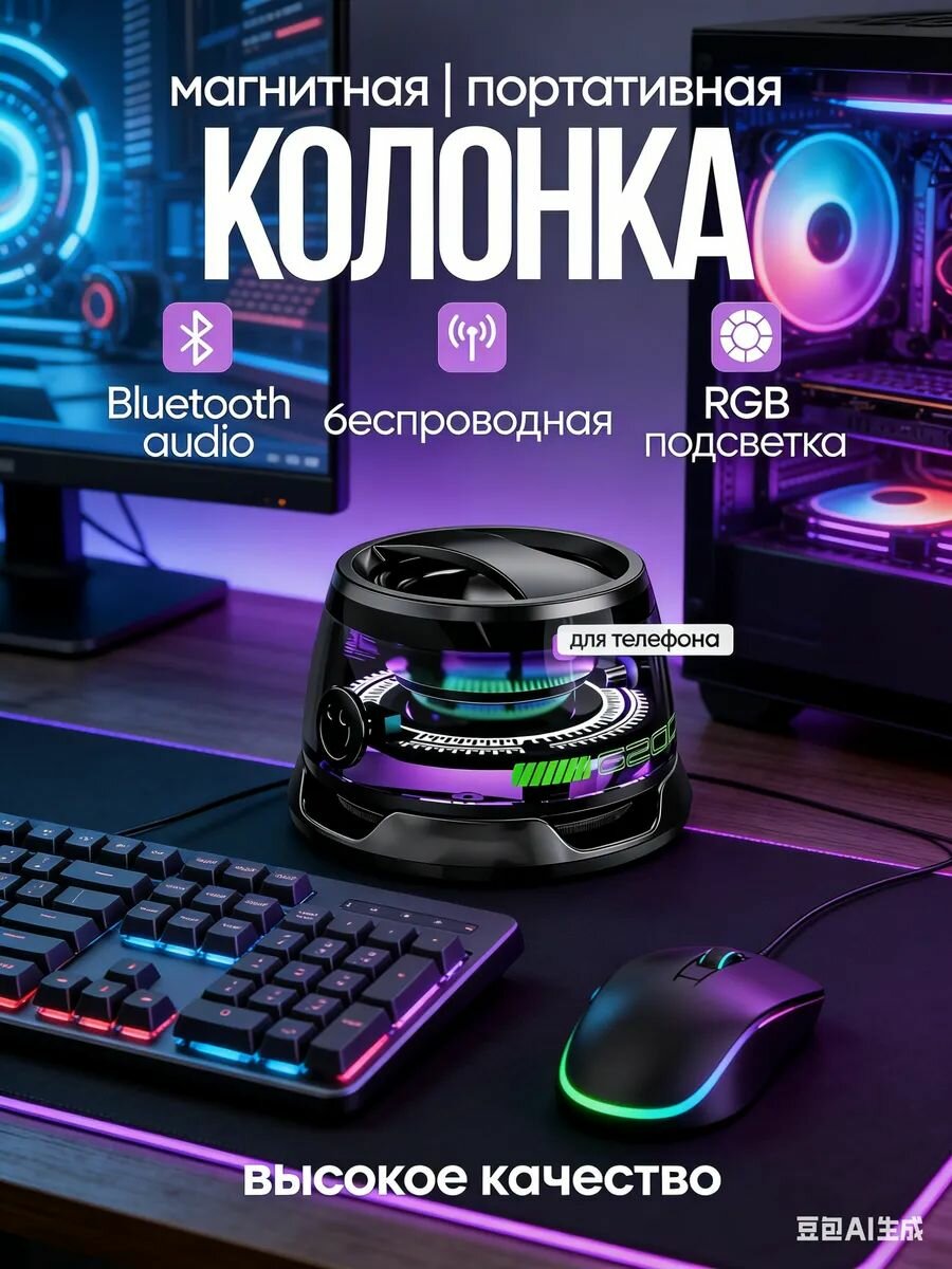 Портативная магнитная блютуз колонка G200 черная с RGB подсветкой, глубокий бас