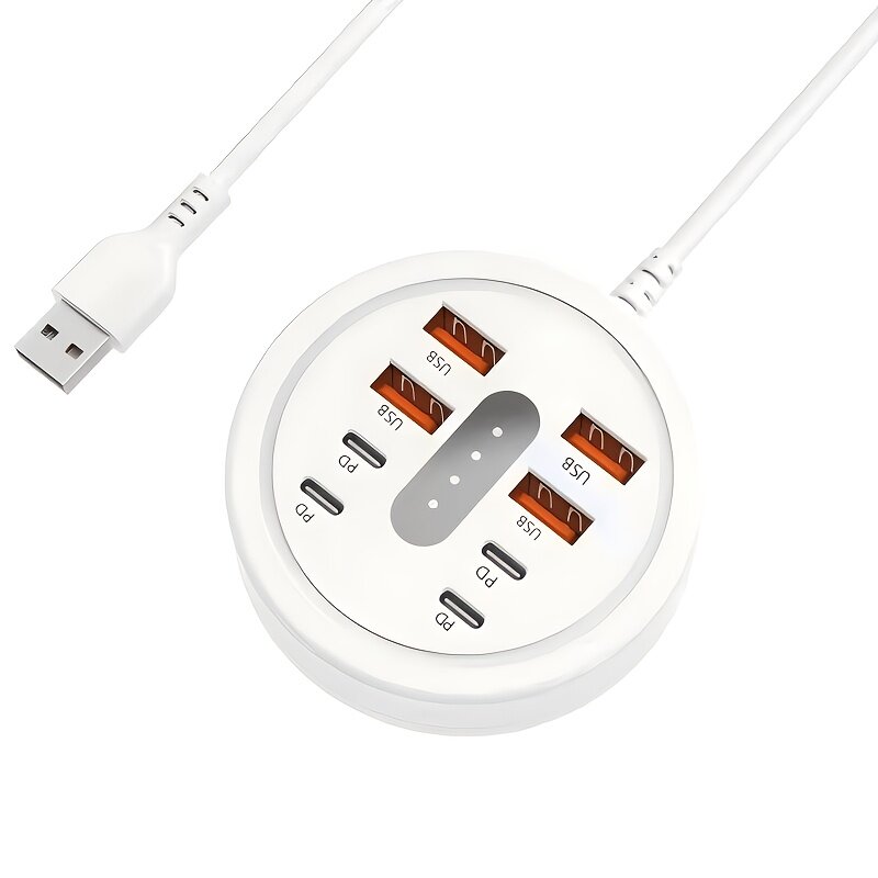 66 Вт Круглая зарядная станция с 8 портами: 4× Type-C PD + 4× USB-A, быстрая зарядка для ноутбуков и планшетов, компактный дизайн с подсветкой, белый цвет