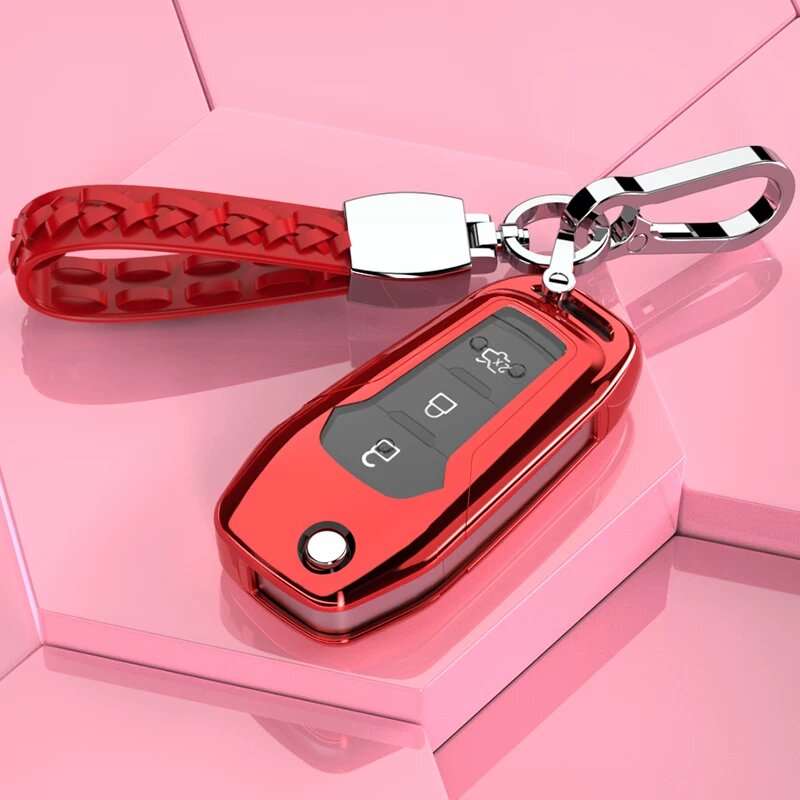Красный китайский складной чехол для ключа Ford с натуральной кожаной брошью для автоматического брелока, яркий и