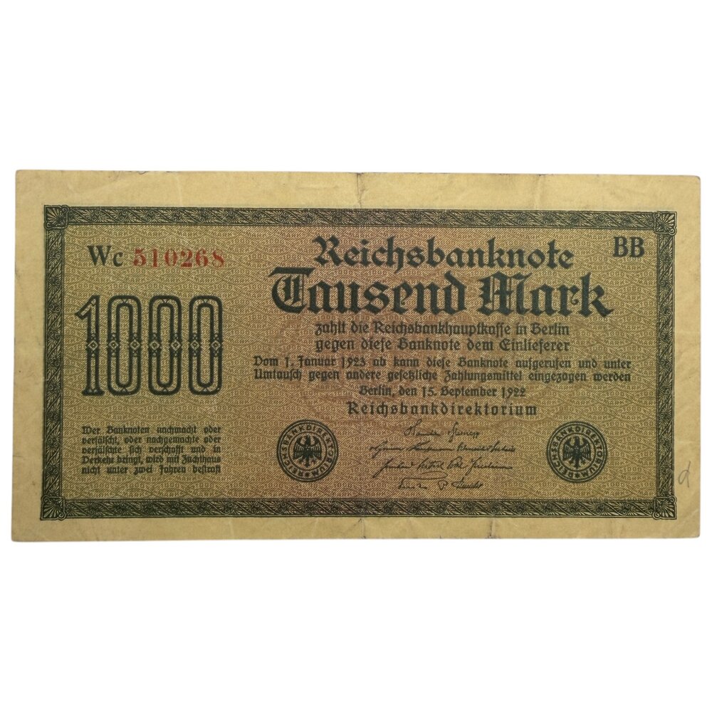 Веймарская республика (Германия) 1000 марок 1922 г. (ВЗ - Шипы, I) (Литера BB) (Серия Wc)