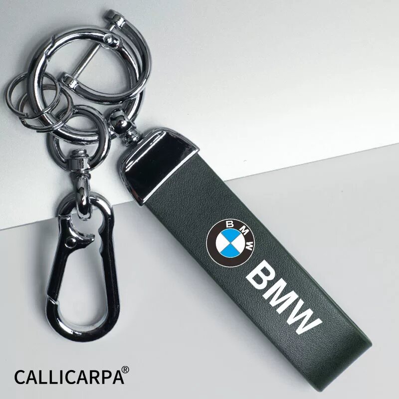 Кожаный брелок BMW из полнокожаной кожи с серебряным коньком, цвет оливковый зеленый, матовая поверхность с кольцом
