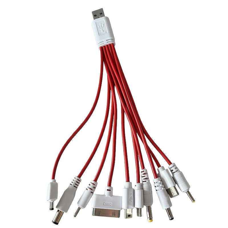 10-в-1 USB-кабель для зарядки, многоцветный универсальный кабель с 10 портами, материал ПВХ, матовый наконечник, красный