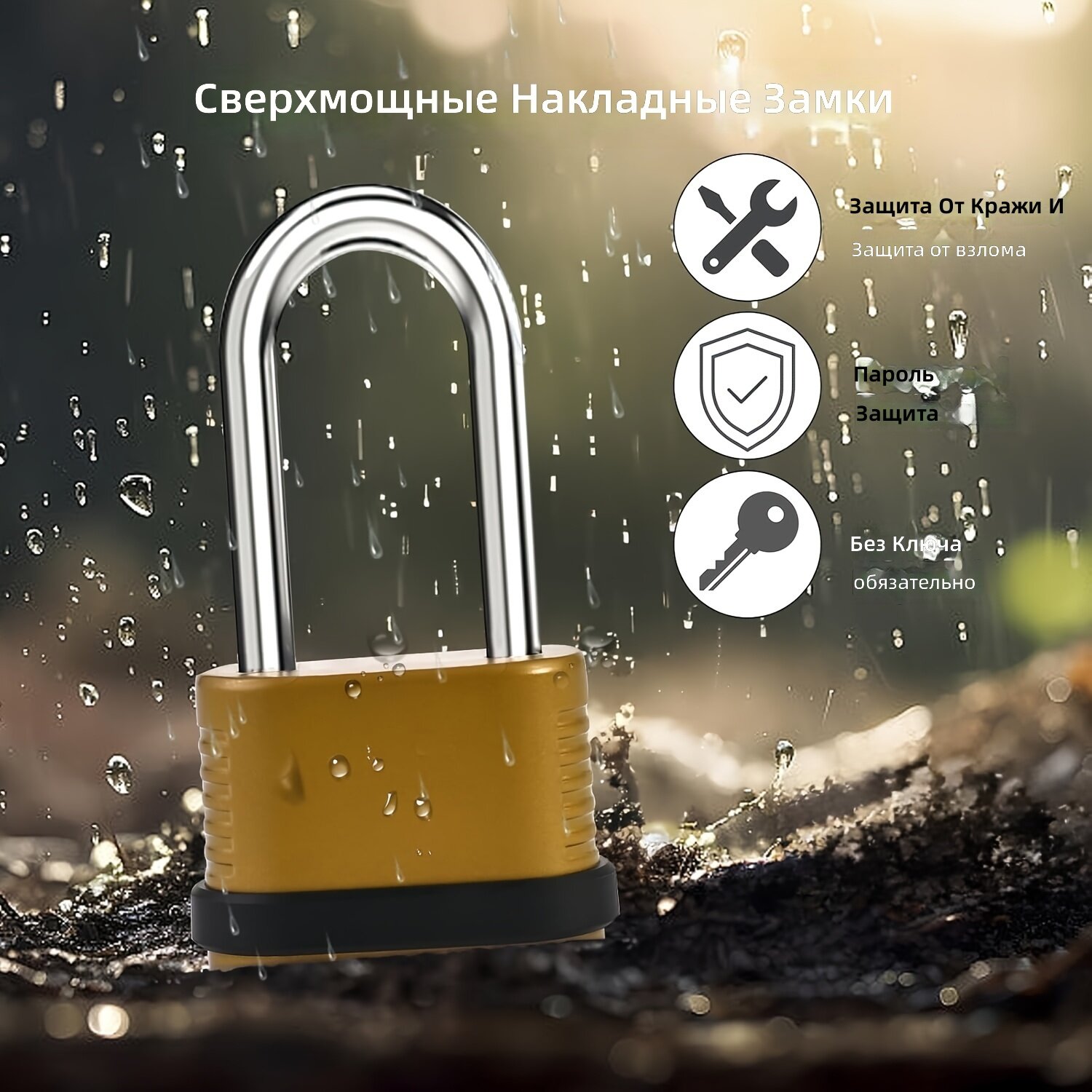 4-значный кодовый навесной замок для улицы, тяжелый, золотой, длинная дужка