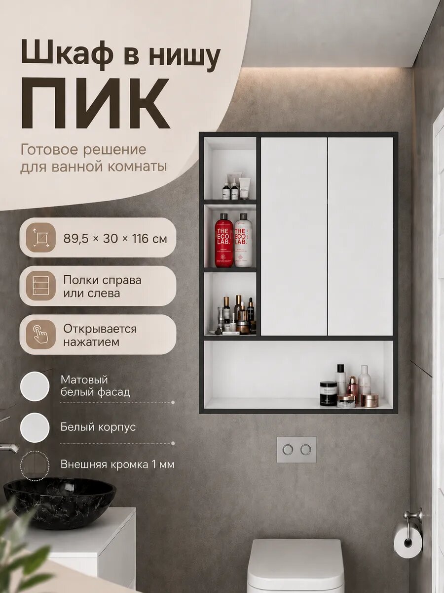 Шкаф в нишу ПИК 116*89,5*30, белый с черной кромкой , шкаф в нишу для квартир ПИК, универсальная сборка