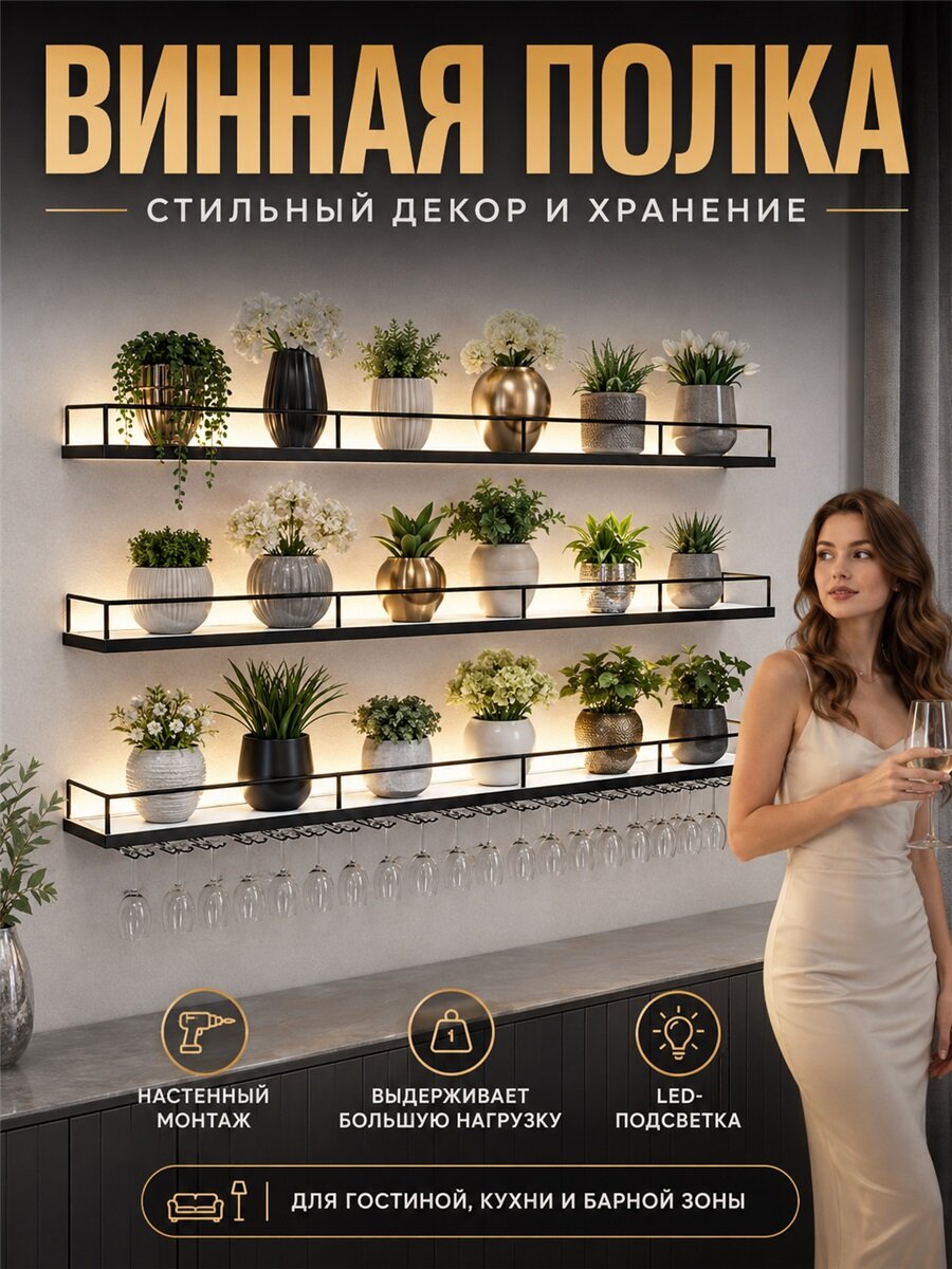 Винная полка настенная с LED-подсветкой и держателями бокалов, выдерживает большую нагрузку, подходит для хранения растений и декора в кухне, гостиной и барной зоне
