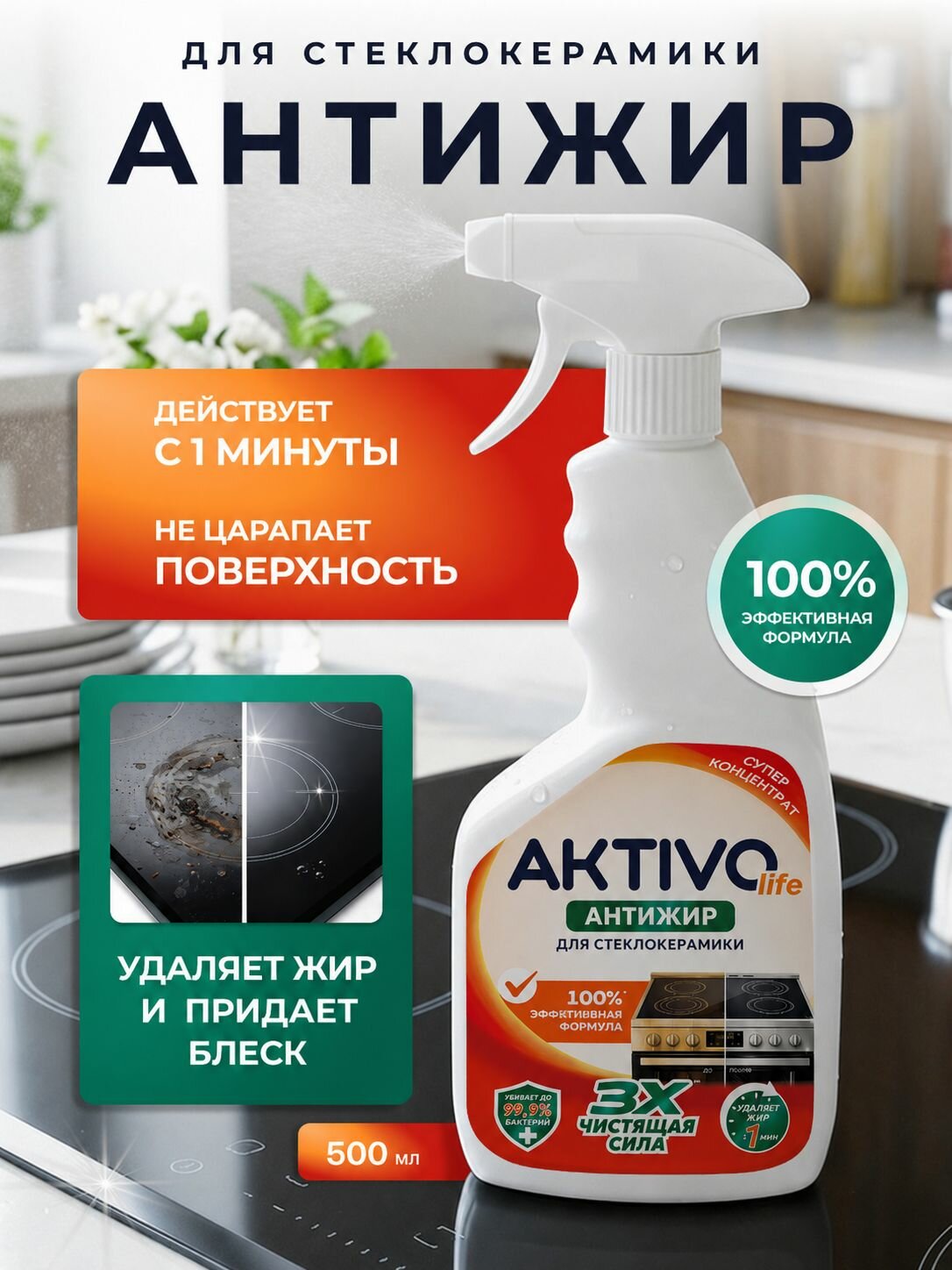 Средство чистящее / Антижир для стеклокерамики Aktivo, спрей 500 мл