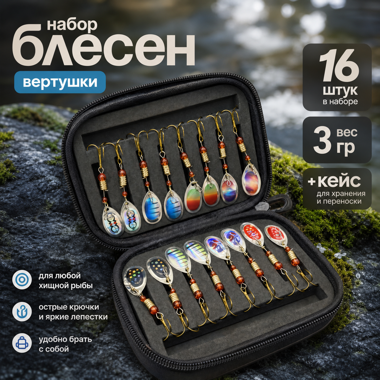 Набор для рыбалки / Блесна-вертушки 16 шт / блесна на хижную рыбу / Рыболовные снасти (Вес: 3 г; Цвет товара: набор вертушек 16 штук разных ярких расцветок; Размеры, мм: 150x130x40; Комплект: кейс для переноски и хранения)
