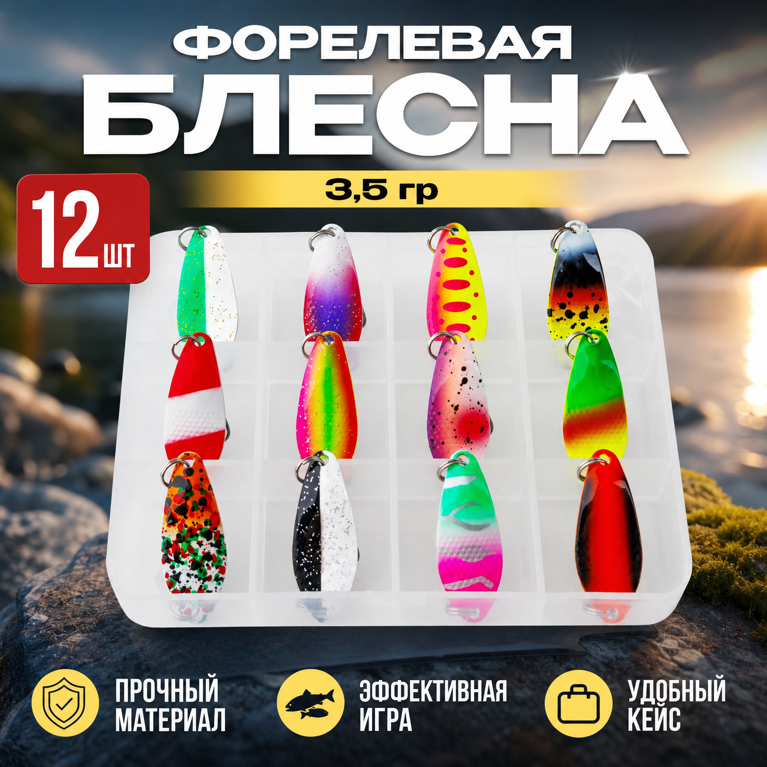 Набор форелевых блесен колебалка для рыбалки в кейсе 3,5 г, 12 шт. (12 цветов, длина 50 мм)