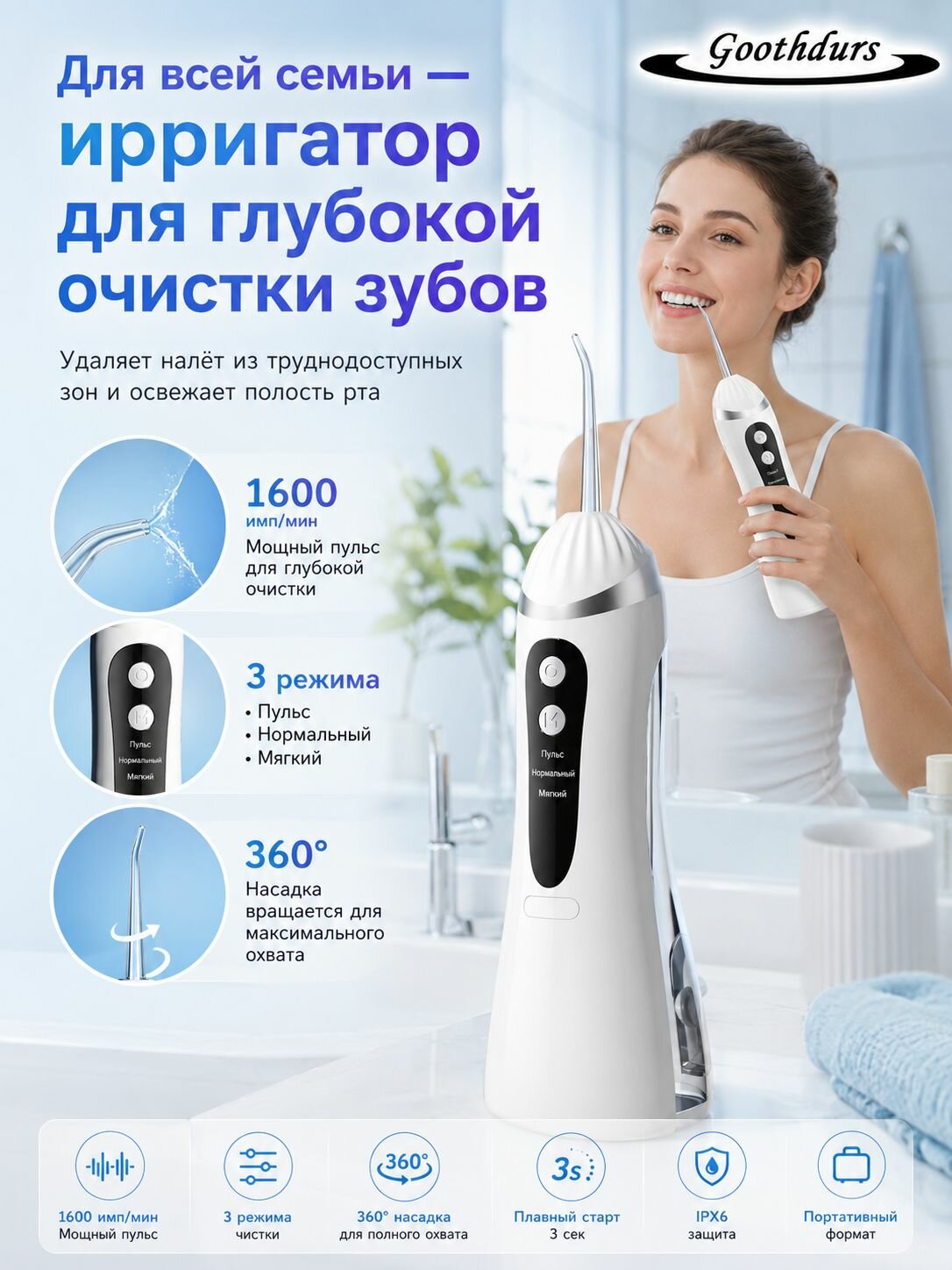 Портативный ирригатор для полости рта B.Well WI-911 с адаптером, 3 режима работы