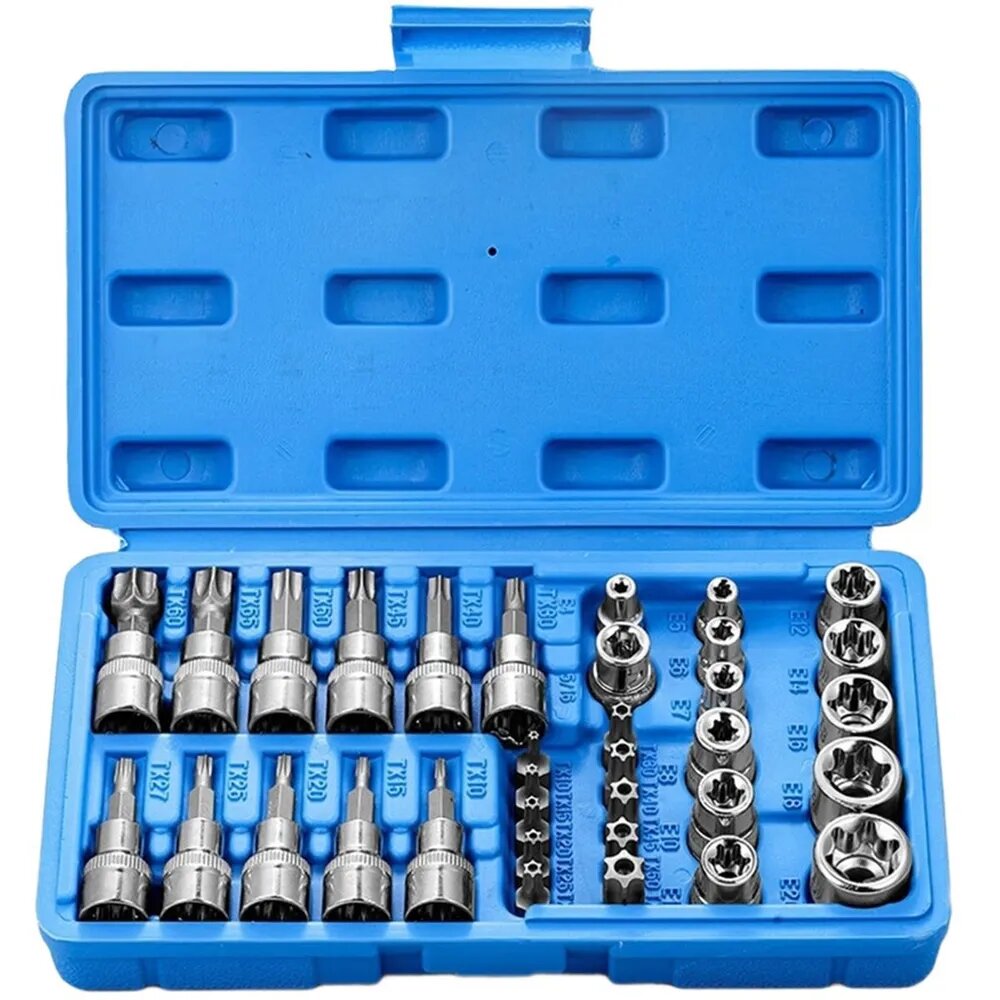 Профессиональный набор из 34 головок Torx и бит E-Torx, 1/4", 3/8", 1/2", м/ж, ручной инструмент