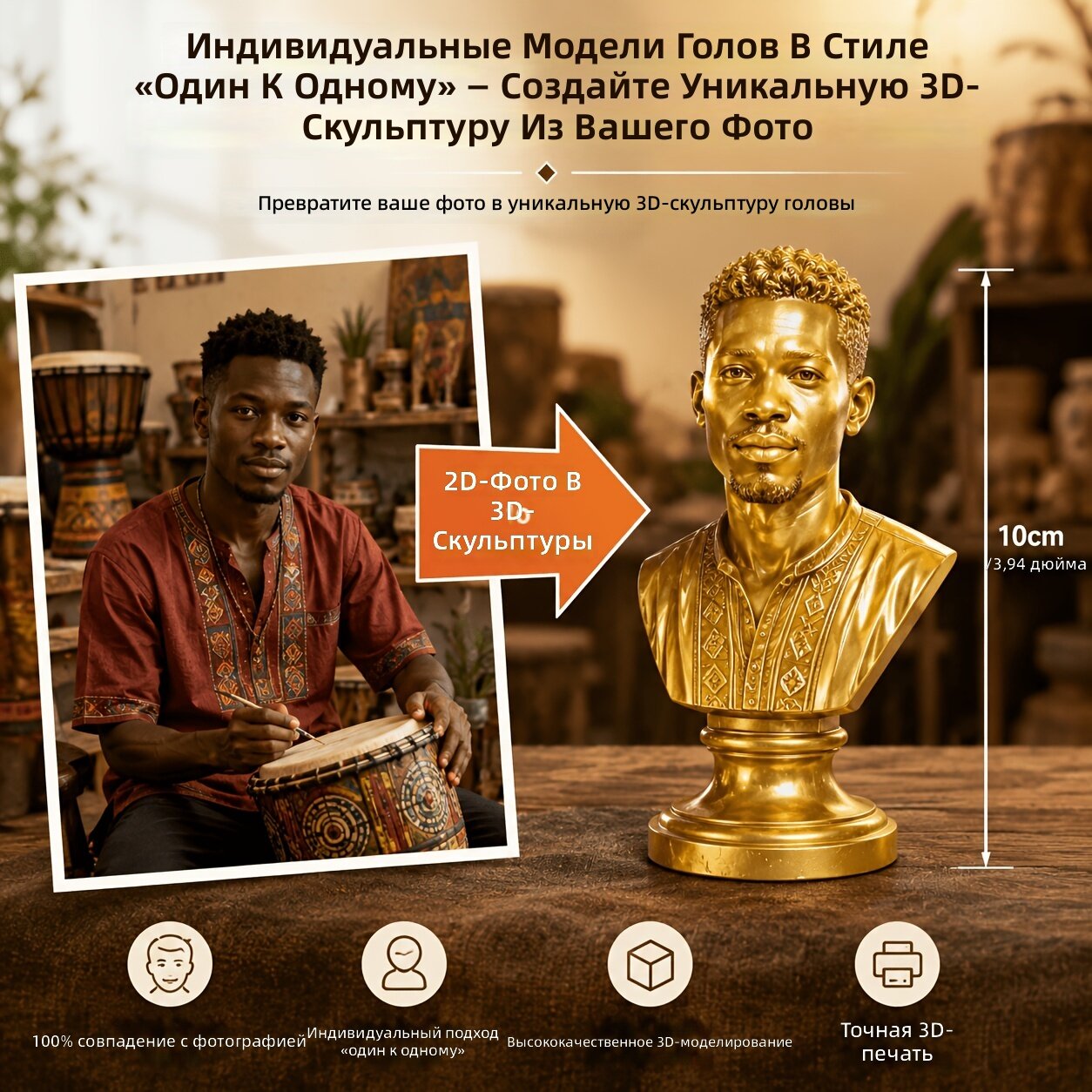 Улучшенная позолоченная скульптура головы человека из толстого материала, гладкая поверхность для лёгкой покраски