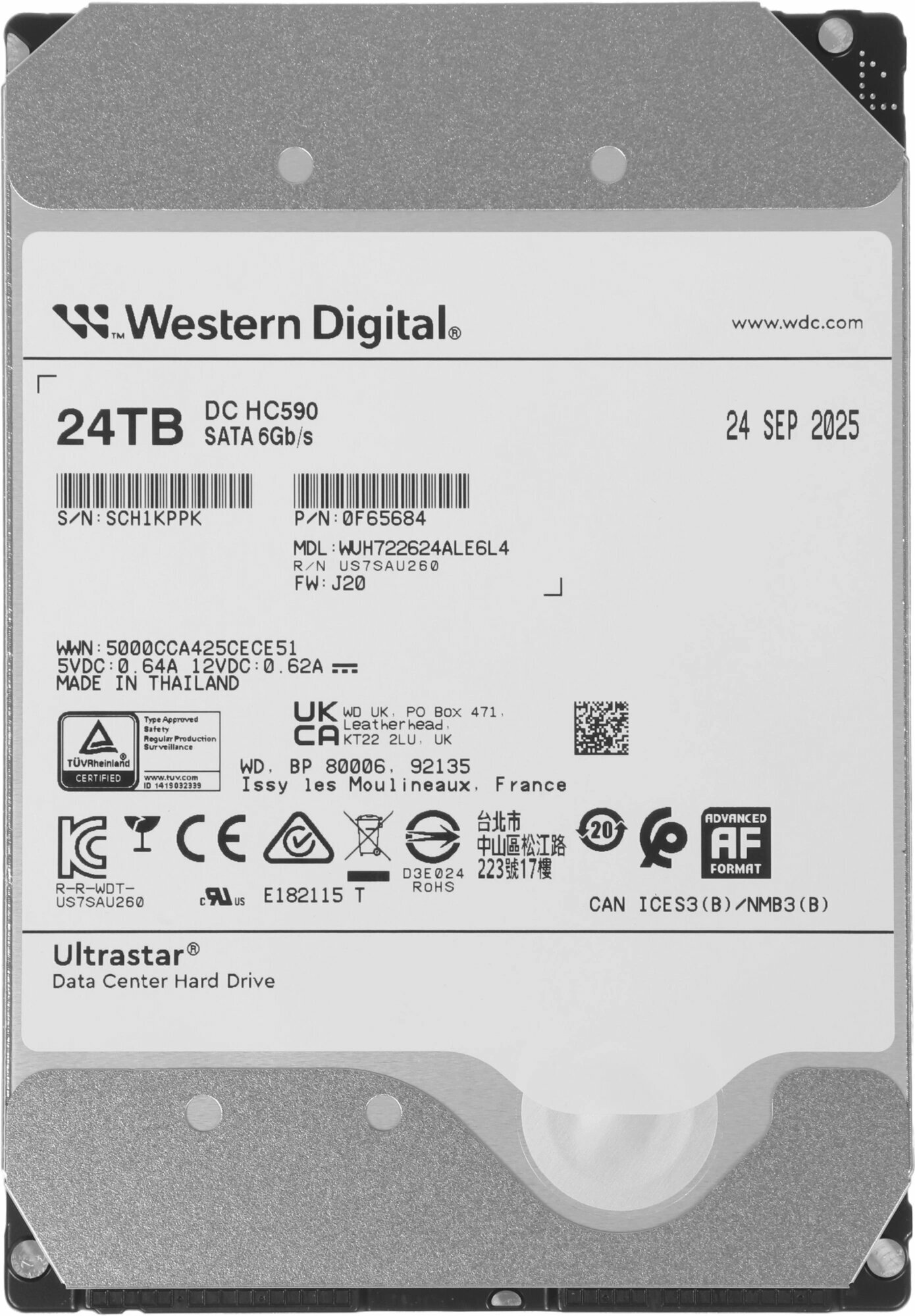 Жесткий диск WD SATA-III 24TB 0F65684 WUH722624ALE6L4 Ultrastar DC HC590 4KN (7200rpm) 512Mb 3.5