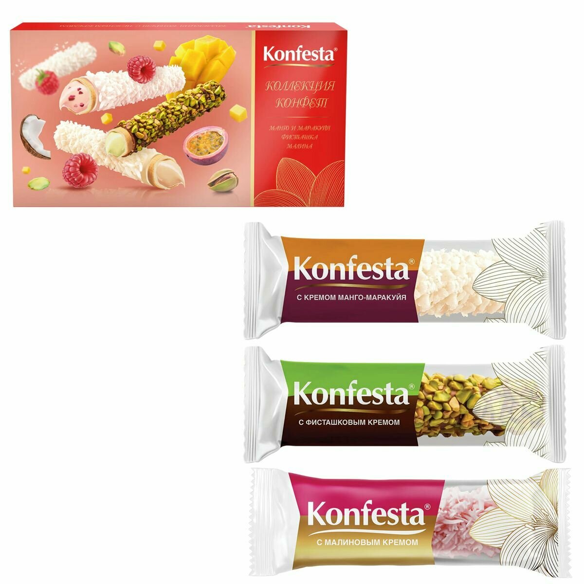 Конфеты глазированные KONFESTA "Ассорти" вкусов с манго, малиной, фисташкой, 150г