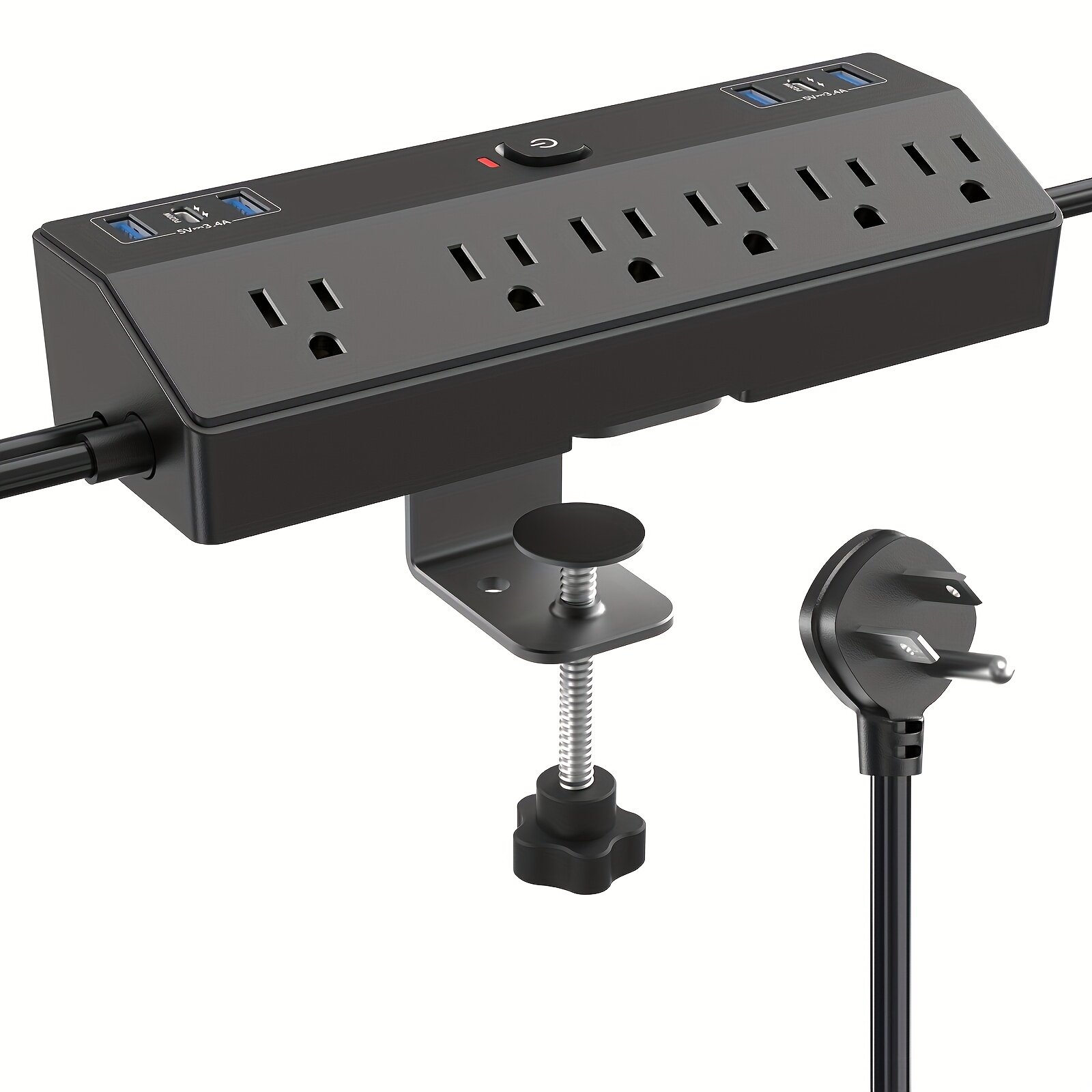 Настольный блок розеток с 6 сетевыми розетками, 2 портами USB-C (PD 20 Вт), кабелем длиной 10 футов и креплением для края стола до 1,8 дюйма, цвет черный, тип крепления короткий