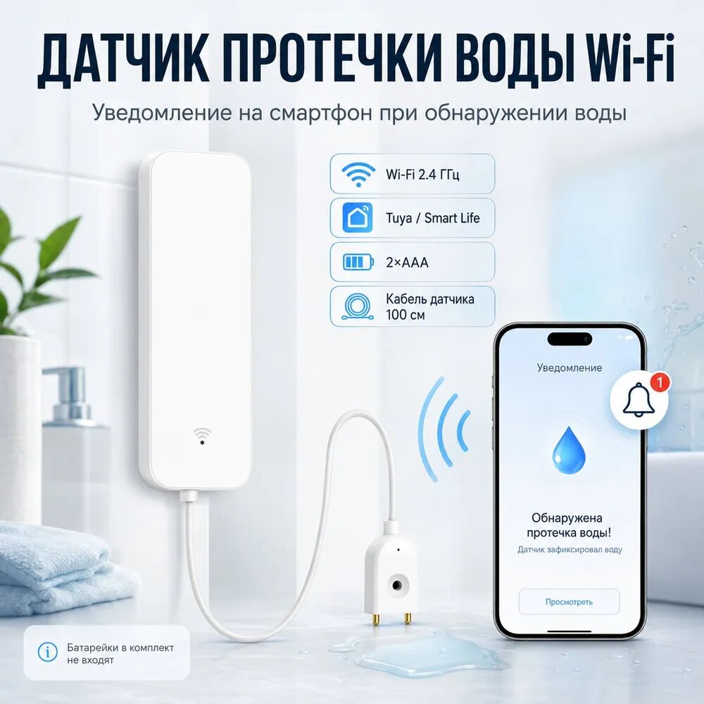 Датчик протечки воды wi-fi tuya умный дом