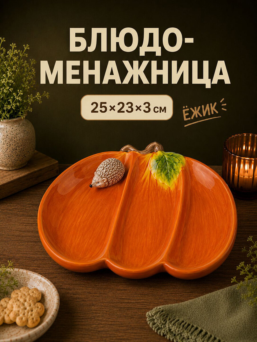 Блюдо, менажница 3 секции 25х23х3,5 см Elan Gallery Ежики цельная, керамика