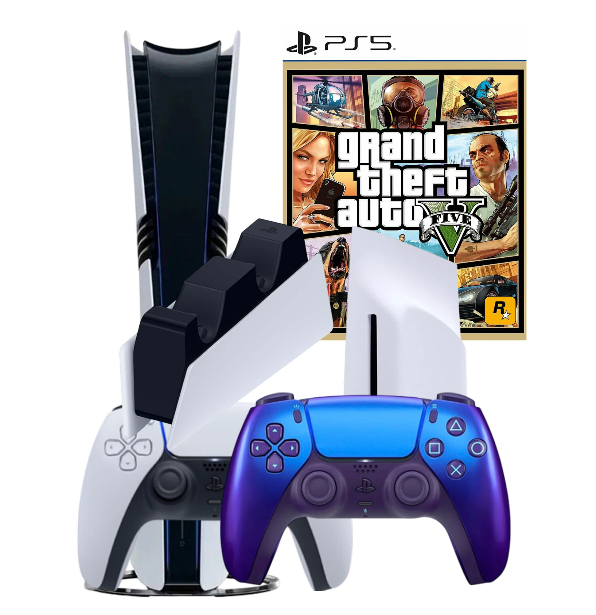 Игровая приставка PS5 Pro + 2й геймпад синий хром + игра GTA +станция зарядки + дисковод