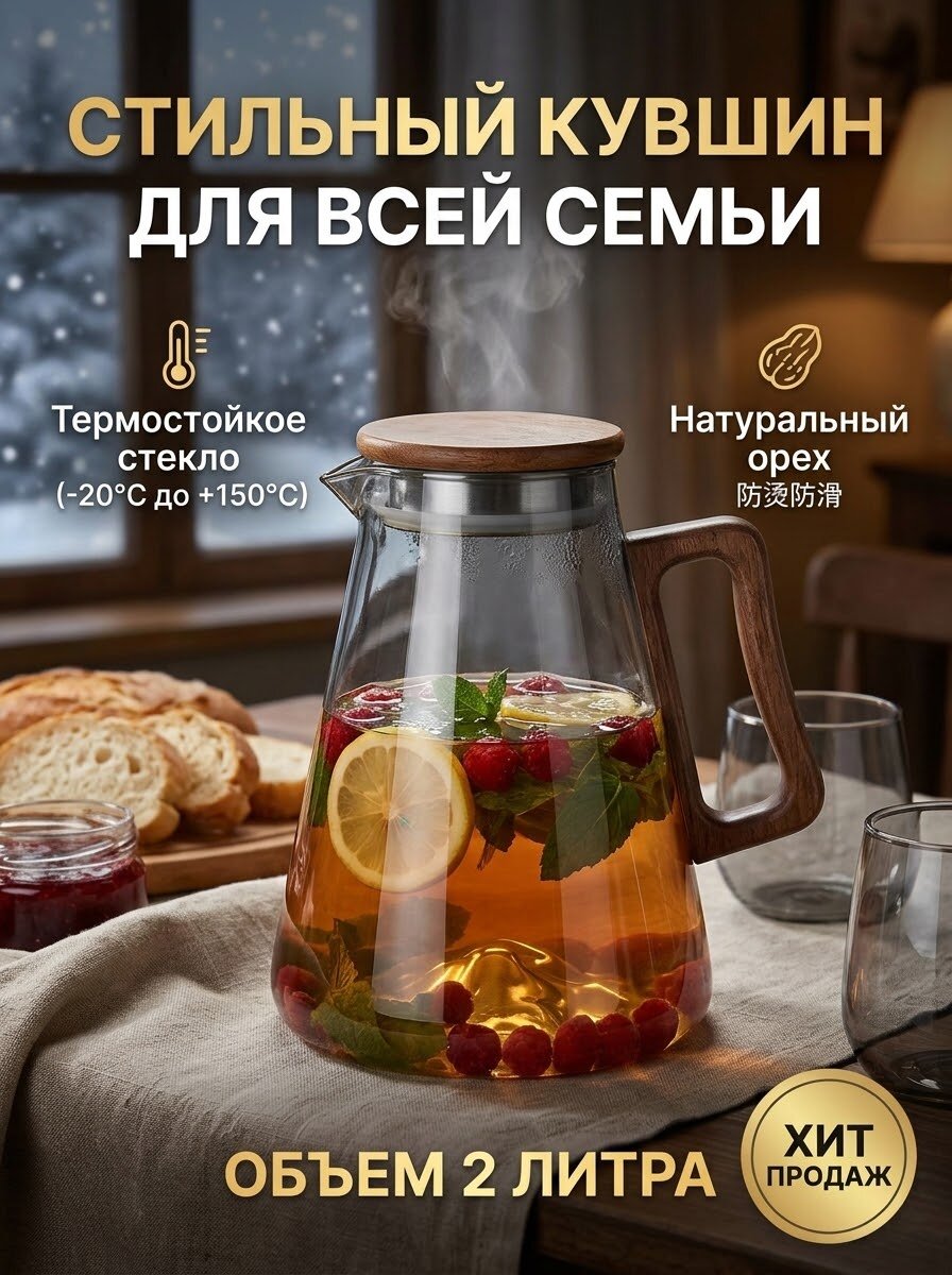 Кувшин стеклянный 2 л из жаропрочного стекла с деревянной ручкой, графин для воды, лимонада и сока с фильтром на крышке
