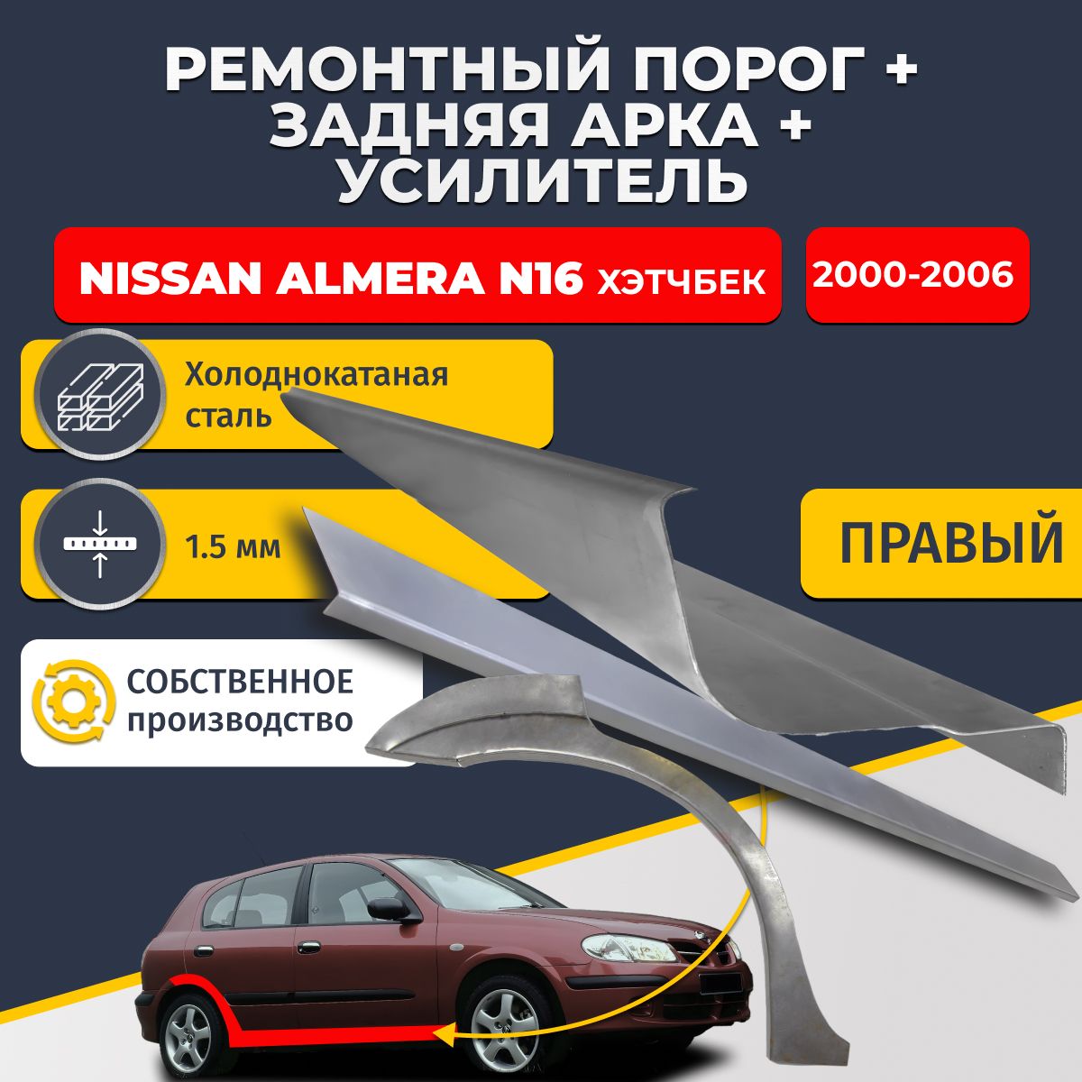 Правая ремонтная задняя арка (0,8 мм) и правый ремонтный стандартный порог + усилитель на Nissan Almera N16 2000-2006 хэтчбек 5 дв (Альмера Н16). Материал холоднокатаная сталь 1,5 мм