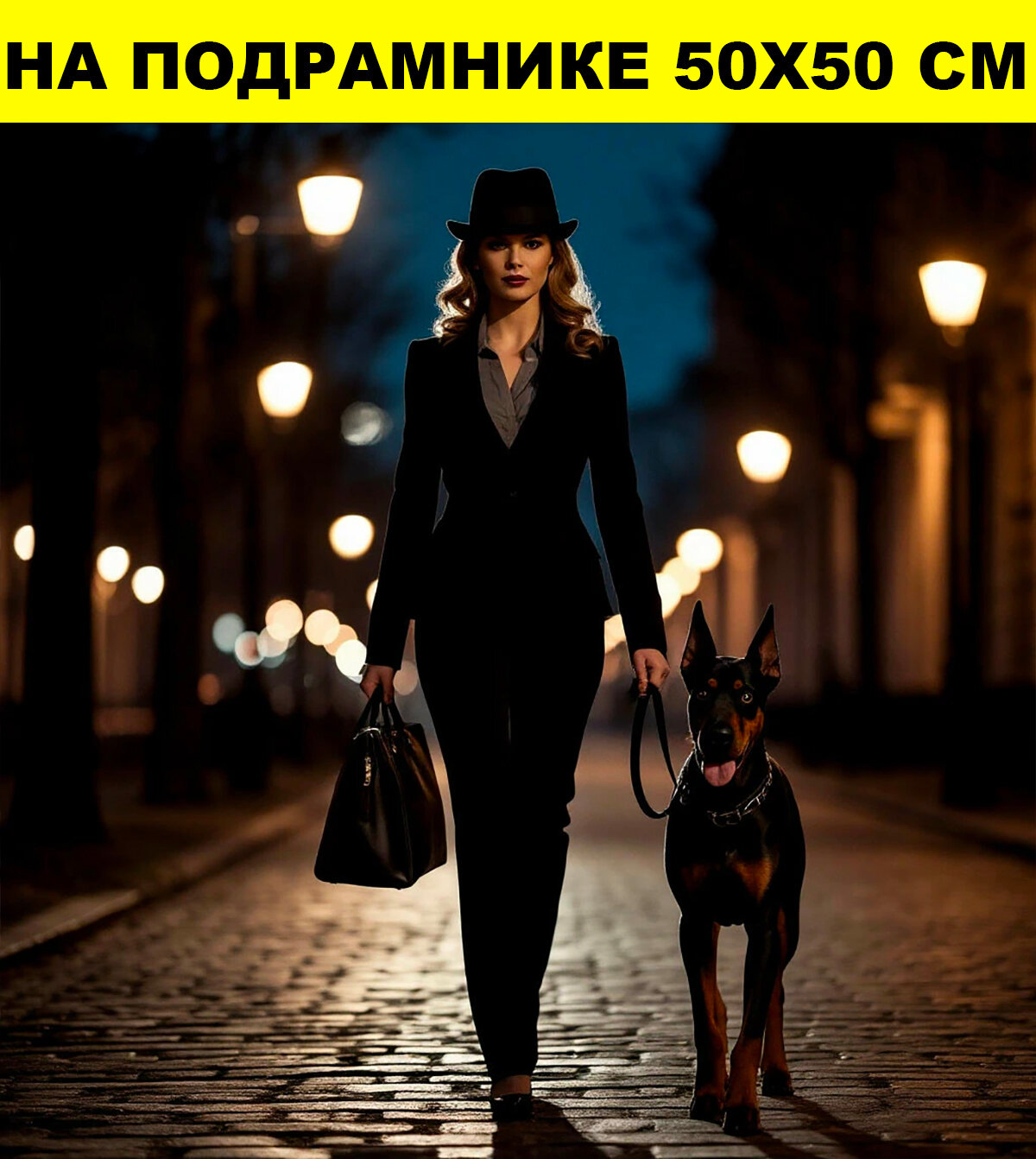 Постер на подрамнике 50х50 женщина с собакой, картина на стену интерьерная большая