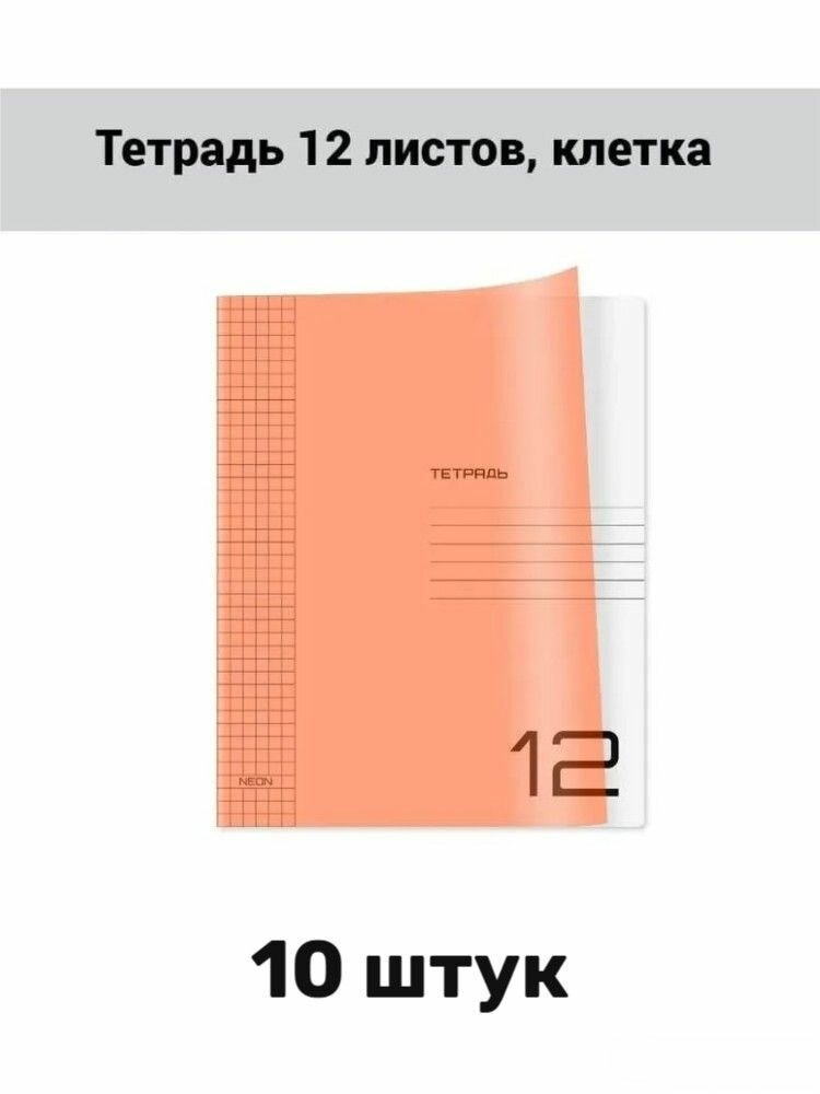 Тетрадь 12 листов клетка BG UniTone. Neon, пластиковая обложка, неон оранжевый, 10 штук