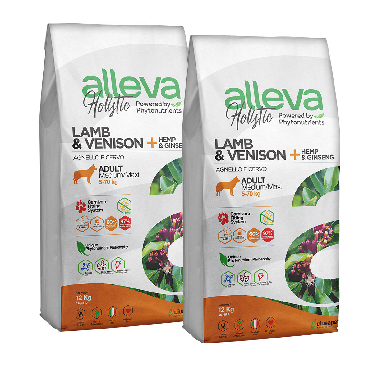 ALLEVA HOLISTIC ADULT DOG MEDIUM/MAXI LAMB & VENISON беззерновой взрослые собаки средних/крупных пород ягненок/оленина/конопля/женьшень (12 + 12 кг)