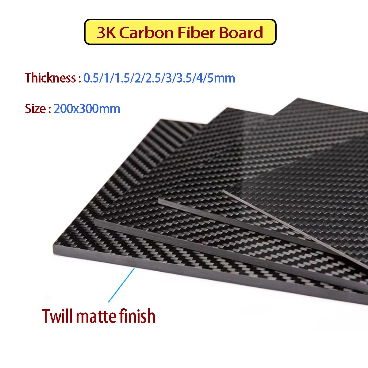 Лист углеволокна 3K черный 200x300 мм, 5.0mm twill matte