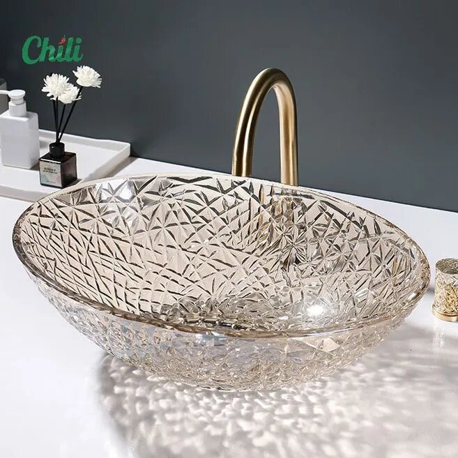 Стеклянная овальная раковина для ванной комнаты, для отелей, размеры 51x15 см, цвет коралловый