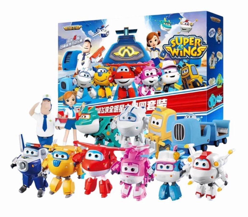 Super Wings Набор из 12-ти Трансформеров Супер Крылья 12,5 см, 8 больших роботов-трансформеров и 4 фигурки