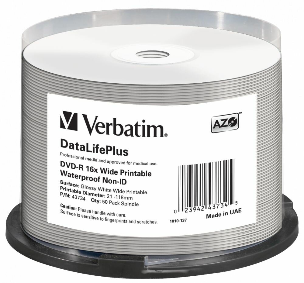 Оптические диски Verbatim DVD-R 4.7 ГБ 16X DataLifePlus AZO водостойкие под струйную печать Printable No ID 50 шт. на шпинделе