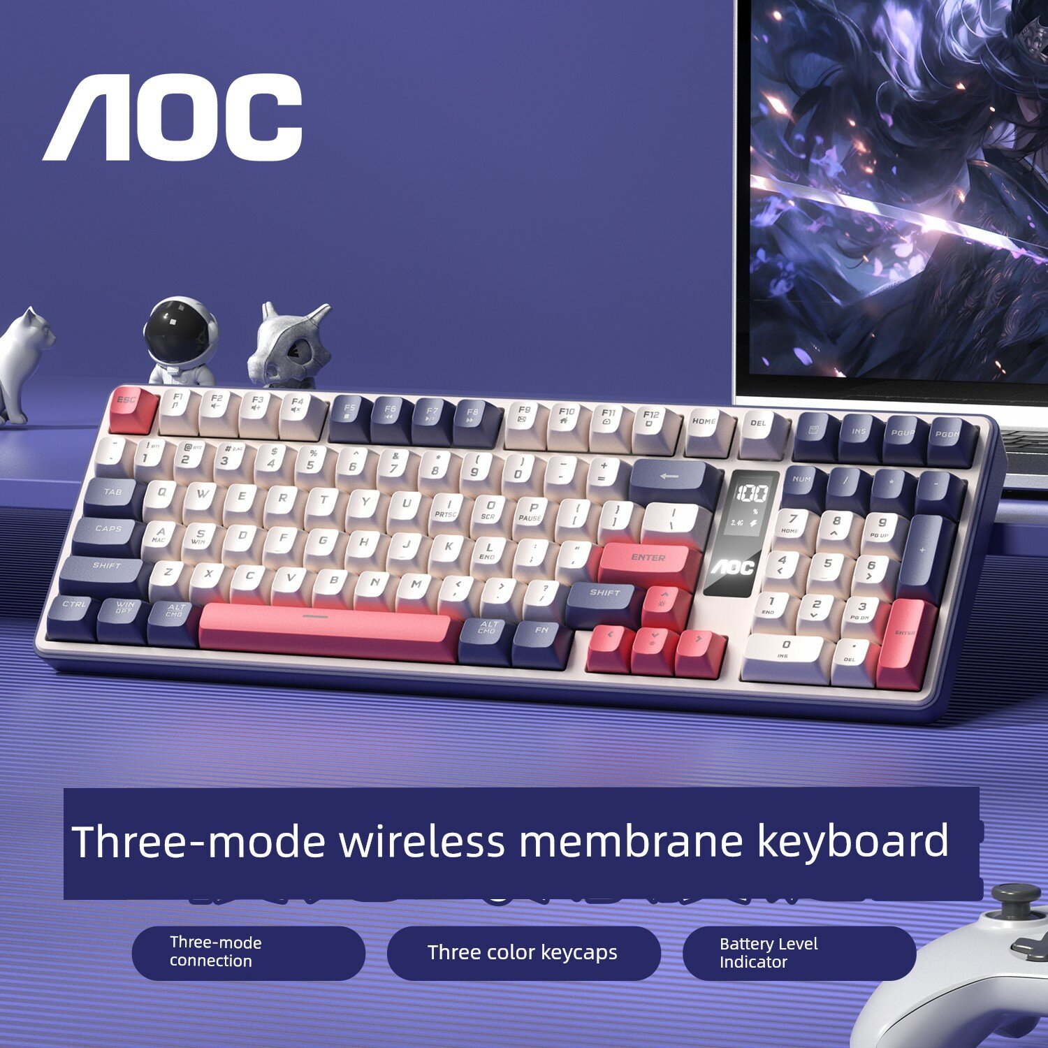 AOC-GK300 беспроводная клавиатура и мышь 99-клавишная, бежевая, Bluetooth, RGB-подсветка, с дисплеем
