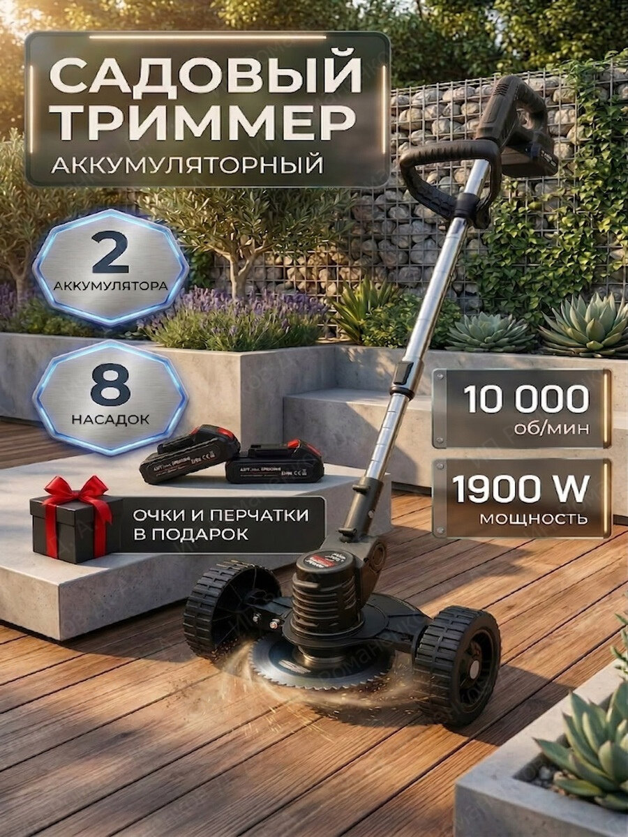 Аккумуляторный триммер садовый мощный с 2 аккумуляторами для газона травы косилка
