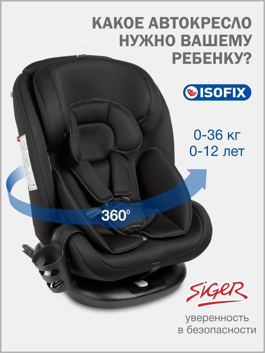 Автокресло детское Siger Триумф Isofix 0-36 кг, черный графит