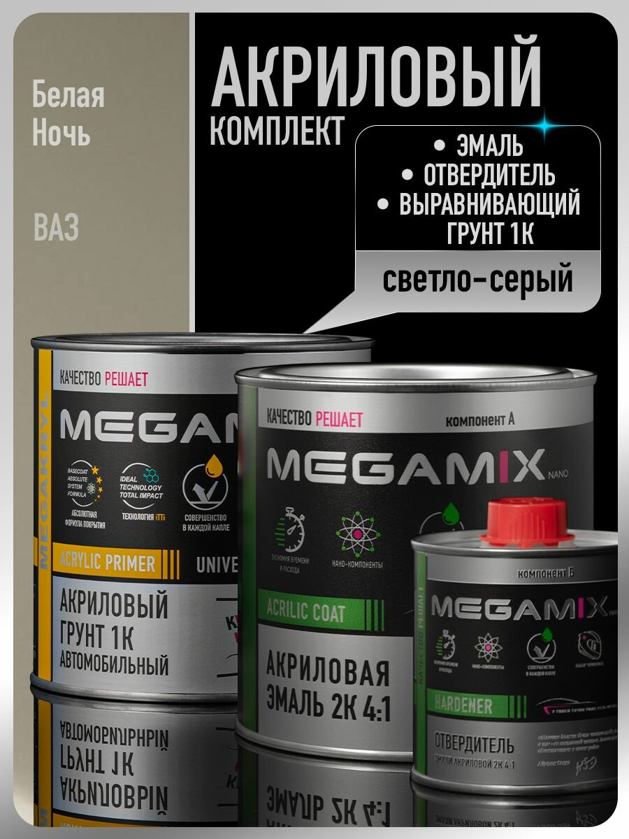 Комплект Акриловая краска автомобильная 2К , Белая ночь, 840 мл + Отвердитель 2K 210 мл + Грунт акриловый 1К , светло-серый, 800 г