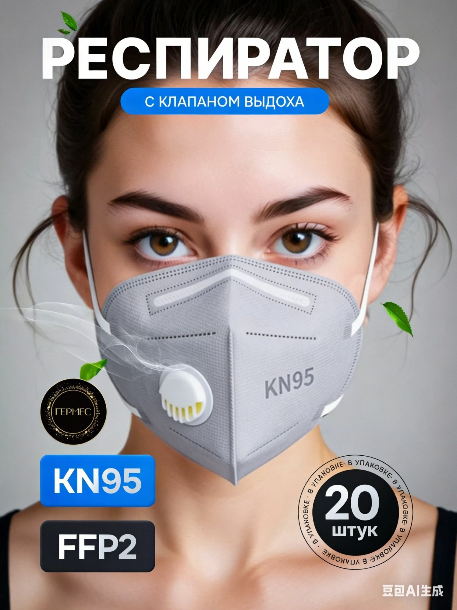 Респиратор-маска KN95, FFP2, многоразовый, с клапаном, 5 слоев, синий
