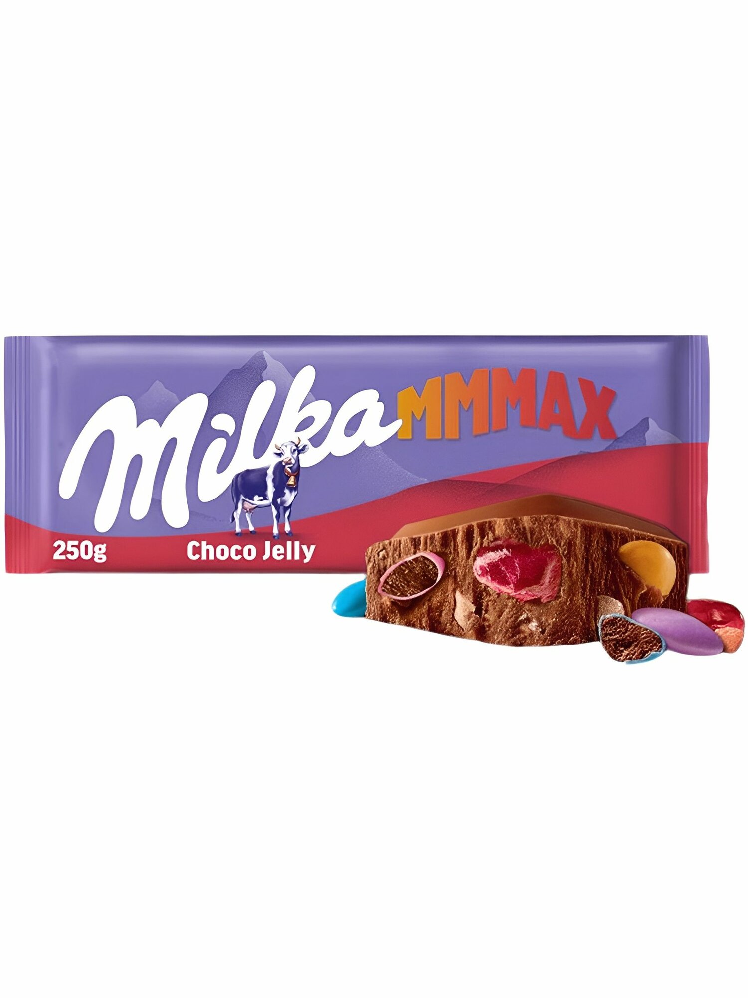 Гигантская шоколадная плитка Milka MMMAX Choco Jelly / Милка молочный шоколад с жевательными мармеладными бобами, разноцветным драже Bonibon и взрывающейся карамелью, 250 гр. (Швейцария)