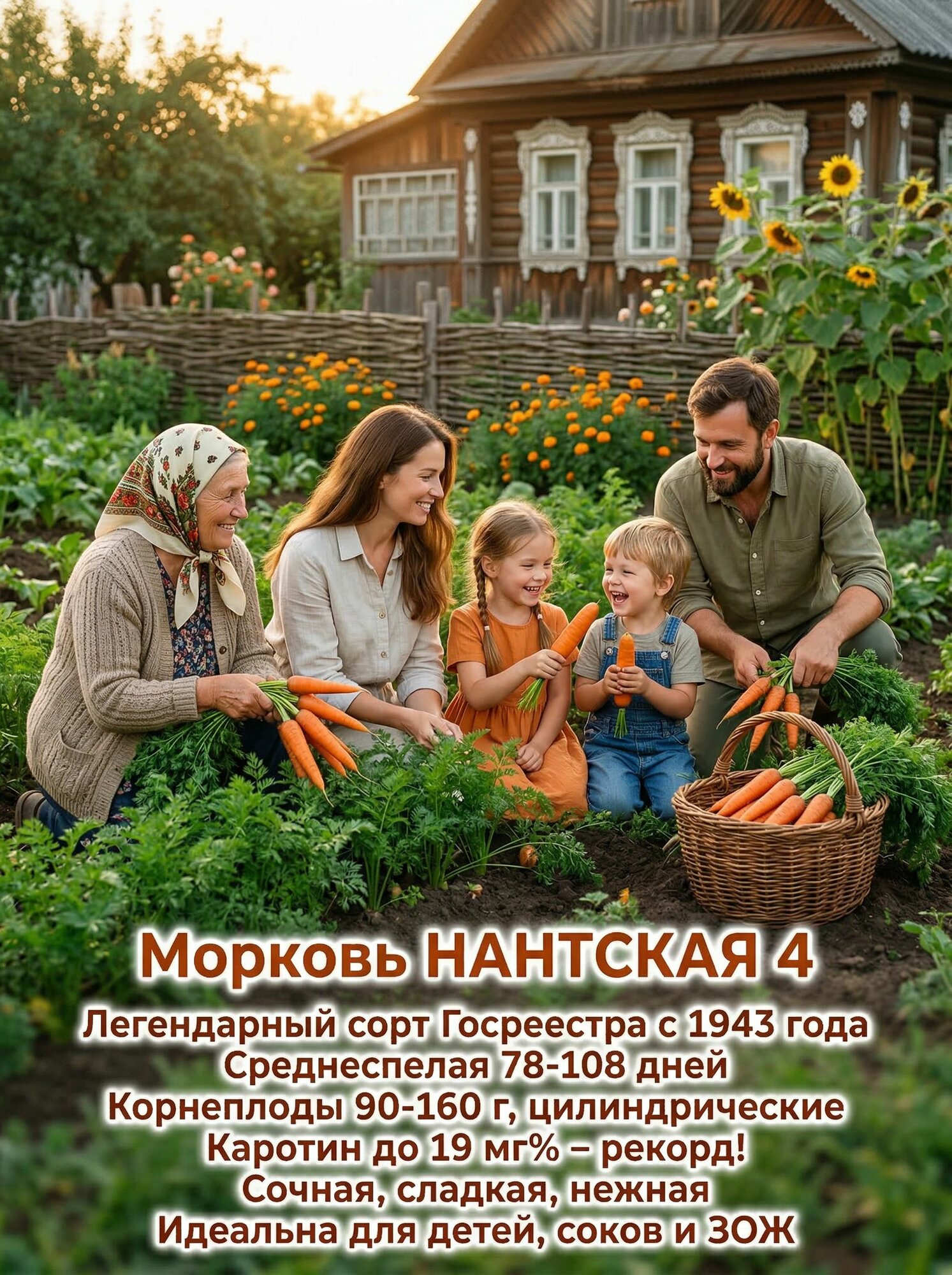 Морковь нантская без сердцевины Легендарный сорт, корнеплоды цилиндрические 15-18 см (90-160 г), сочная сладкая мякоть практически без сердцевины