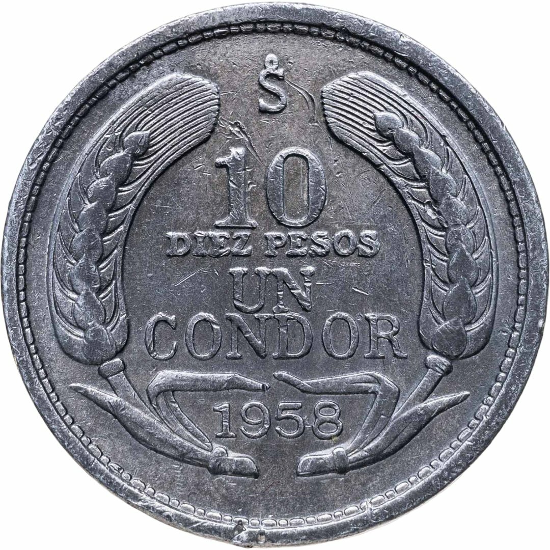 Чили 10 песо pesos 1958, Алюминий, в сохранности VF